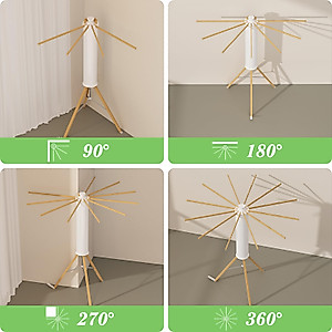 Tripod Drying Rack Portable, Foldable Drying Rack Clothing with 12 Wood Drying Arms, Standing Laundry Hanger Rack Round Collapsible & Portable Handle for Laundry Room, Balcony, Bedroom, RV