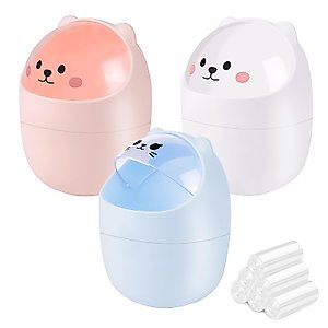 SHAIDOJIO 3 Pack Cute Desktop Trash Can with 180 Trash Bags, Creative Small Garbage Can with Flip Lid, Tiny Countertop Wastebasket for Kids, Kawaii Mini Desk Waste Bin for Bedroom, Bathrooms