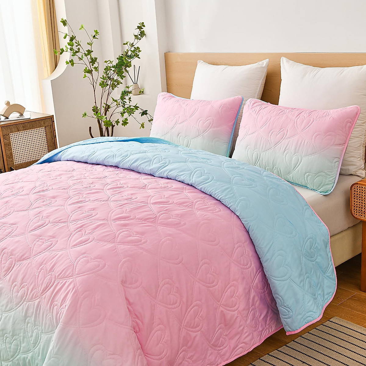 Pink Quilt Set Queen Ombre Blue Pink Mint Quilt Sets Kids Girls Bedding Set 3PCs Summer Reversible Lightweight Microfiber Bedspread Coverlet Sets for All Season (96''x90'')