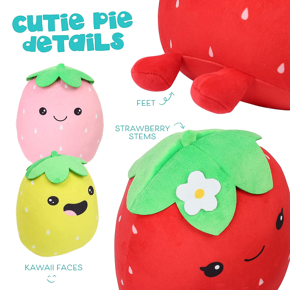 BenBen Strawberry Plush Toy, Set of 3, 12'', 7'' and 6'', Squishy Fruit Stuffed Plushies, Soft Hugging Cushion, Plush Pillow for Girls, Home Decorations, Easter Gifts