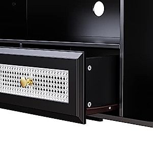 LZ LEISURE ZONE Farmhouse Rattan TV Stand for TVs up to 65", Boho Style Entertainment Center with Gold Metal Handles, Modern TV Console Table with Drawers and Cabinets for Living Room, Black