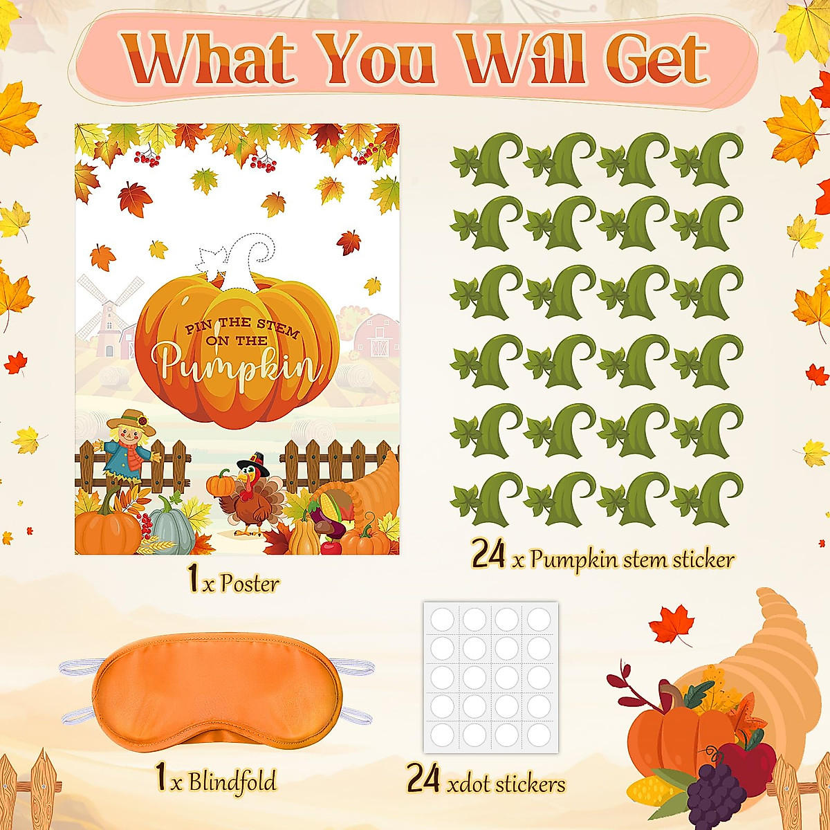 Faccito Thanksgiving Party Games Pin The Stem on The Pumpkin with Blindfold Thanksgiving Gift and Activities Fall Autumn Harvest Pumpkin Pin Game Turkey Poster Thanksgiving Party Supplies