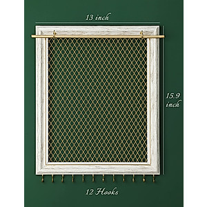 Heesch Hanging Earring Organizer Frame Wall Mounted Jewelry Holder Vintage Rustic Stud Earring Display with Removable Rod and 12 Hooks for Necklaces, Bracelets and Rings (Distressed White)