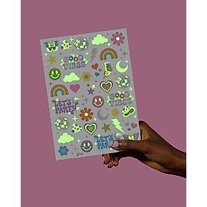 xo, Fetti Groovy Disco Glow in Dark + Foil Temporary Tattoos - 82 pc | Flower Power Birthday Party Supplies, Rave Bachelorette Party Favors, Smiley Decorations, Y2K, Rainbow Arts and Crafts
