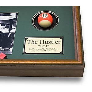 The Hustler Billiard Movie Memorabilia Game Room Decor Framed Photo, Plate, Real Pool Ball, Chalk Custom Made Real Wood Dark Walnut Shadowbox Frame (21 1/4 x 13 1/4")