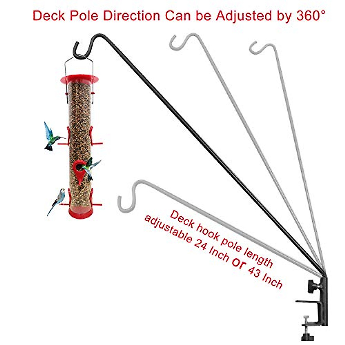 ERYTLLY Heavy Duty Deck Hook, Extensible and Adjustable Deck Hook with 2" Non Slip Horizontal Clamp for Hanging Bird Feeder, Plants, Suet Baskets,Wind Chimes,Lanterns and More