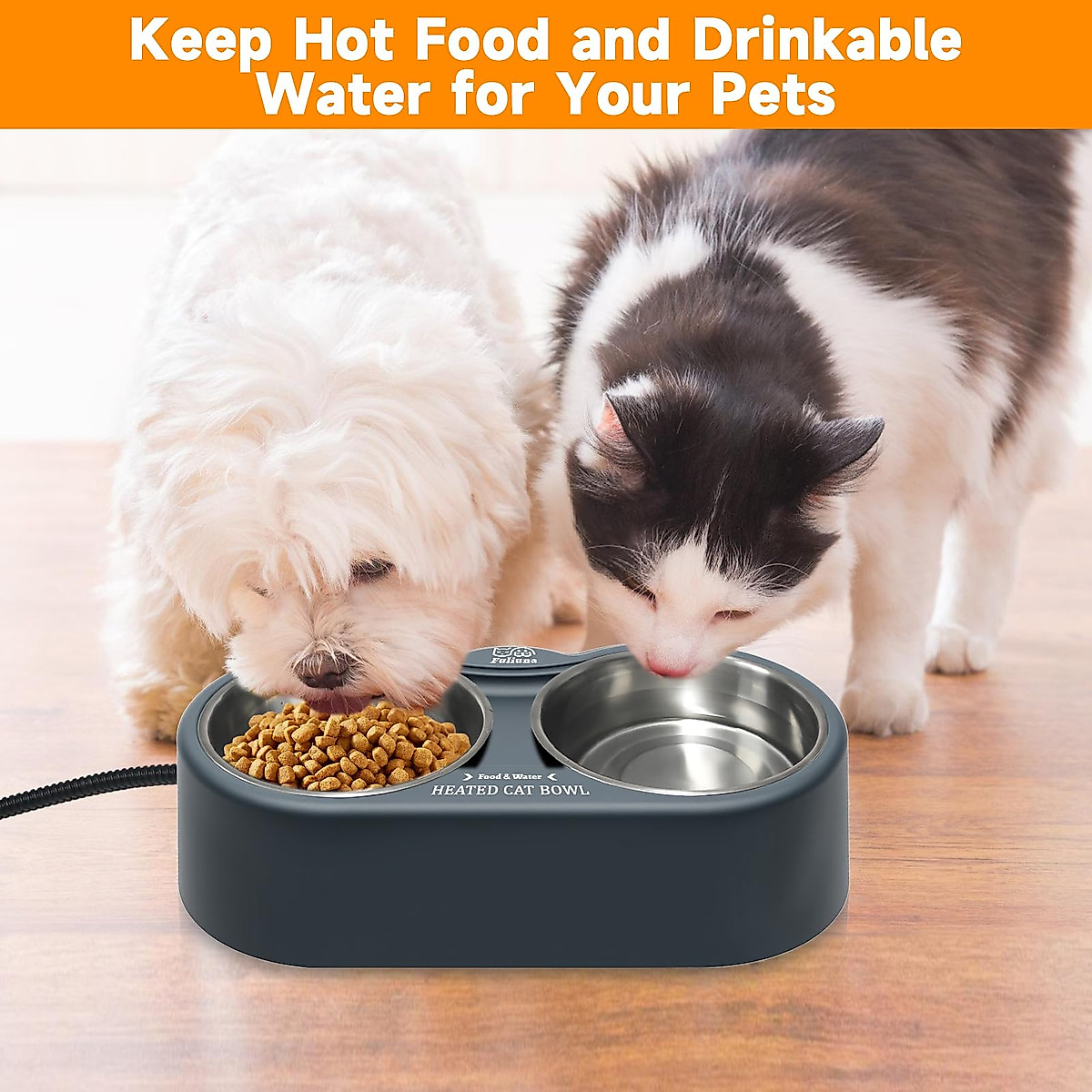 Heated Cat Bowl, Outdoor Heated Pet Bowl with Double Stainless Steel Bowl 24 OZ, Heated Water Food Bowl for Cat Pet, Thermal Pet Bowl Provide Drinkable Water and Hot Food in Winter