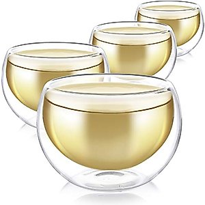Teabloom Double Walled Cups (5 oz / 150 ml) – Set of 4 Insulated Glass Cups for Tea, Coffee, Espresso, Wine and More – Classica Teacups Collection