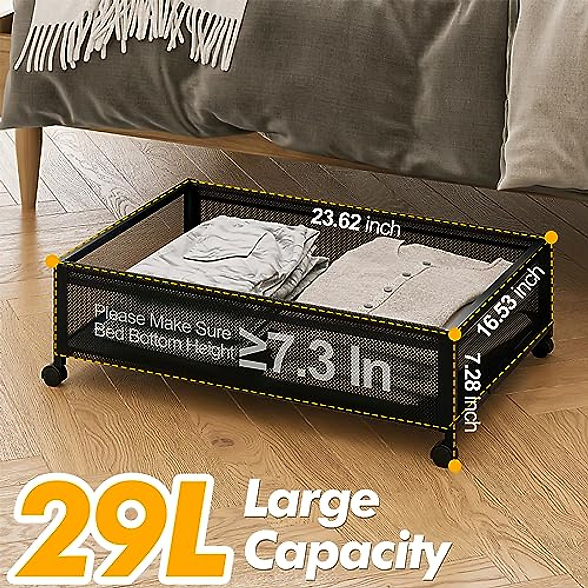 UEAKPIC Under Bed Storage Containers with Wheels, 2 Pack Under Bed Shoe Storage Organizer, Rolling Under Bed Storage Metal Drawer, Organization and Storage for Clothes, Toys, Blankets, Books