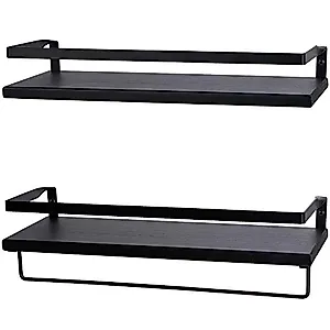 Peter's Goods Modern Floating Shelves with Rail - Wall Mounted Bathroom Wall Shelves with Towel Bar - Also Perfect for Bedroom Decor and Kitchen Storage - Solid Paulownia Wood Shelf Set of 2 (Black)