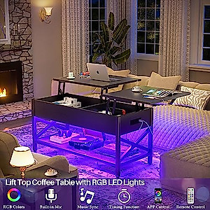 Aheaplus Coffee Table, Lift Top Coffee Table with LED Light and Power Outlet, Modern Lift-Top Table with Storage Shelf, Center Table for Living Room with Lift Tabletop, X Support, Metal Frame, Black