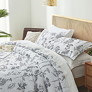 Maple&Stone Queen Floral Comforter Set, White Bedding Set 3pcs Soft and Durable Microfiber with Elegant Plant Flowers Print Bedding Comforter Sets - Includes 2 Pillowcases