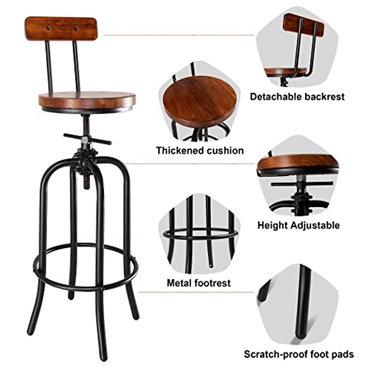 LAVIEVERT Swivel Bar Stools, Set of 2 Industrial Barstools, Counter Height Adjustable 28.7 to 34.6 Inch, Bar Chairs with Backrest & Steel Frame for Kitchen Counter Bar, Dining Room