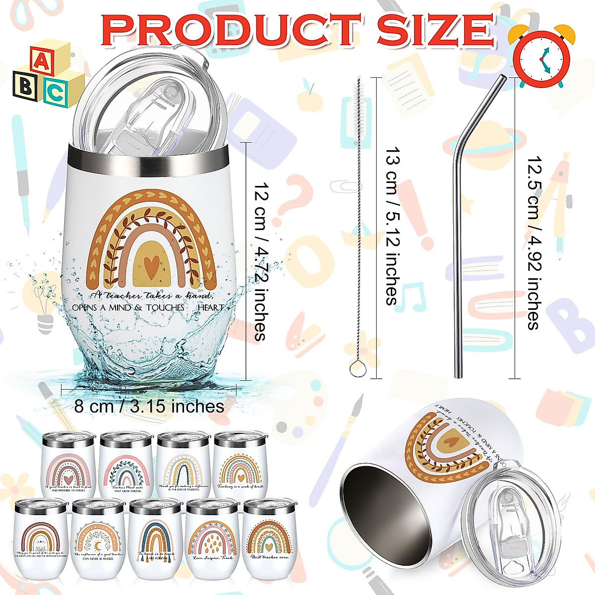 Inbagi Teacher Appreciation Gifts Bulk, Teacher Appreciation Stainless Steel Tumbler with Lids Appreciation Rainbow Mugs Thank You Teacher Gift End of Year for Teacher Day Women Mentor(12 OZ, 10 Pcs)