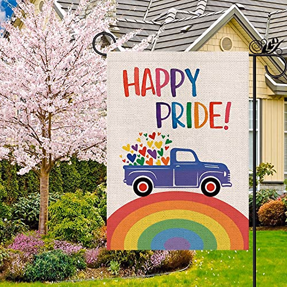 Rainbow Garden Flag Rainbow Truck Vertical Double Sided Happy Pride Flag LGBT Lesbian Gay Transgender Pansexual Flag Farmhouse Yard Outdoor Lawn Decoration 12.5 x 18 Inch