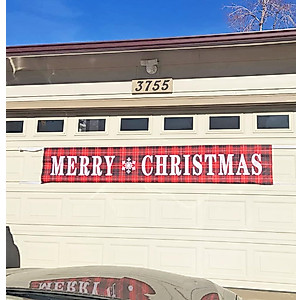Large Merry Christmas Banner, Red Buffalo Plaid Yard Christmas Banner, Christmas Decorations for Outdoor Indoor, Xmas Party Decoration Supplies (9.8 x 1.6 feet)
