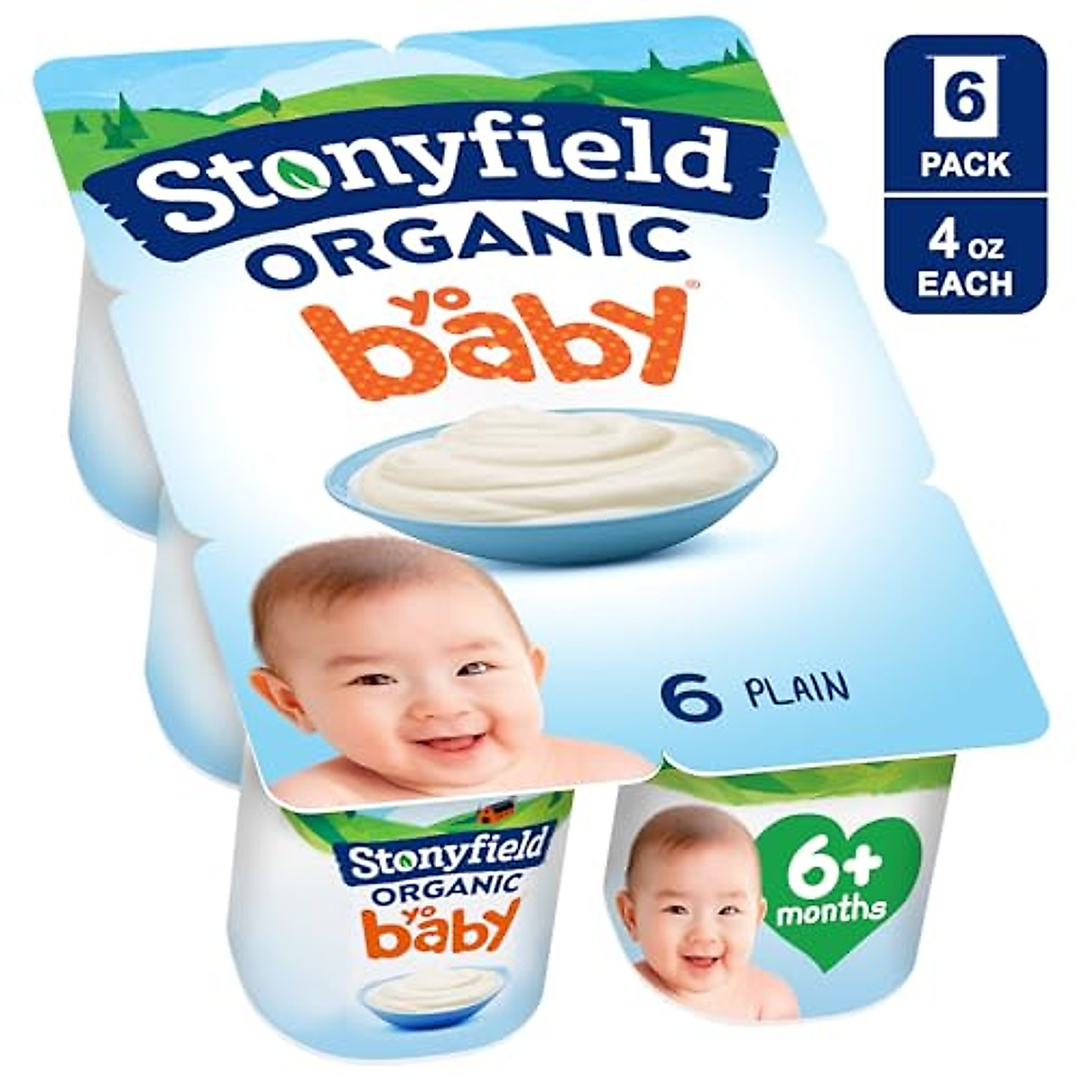 Stonyfield Organic YoBaby Whole Milk Baby Yogurt Cups with Probiotics, Plain, 4 Oz, 6 Pack