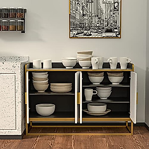 LyuHome Buffet Cabinet with Storage Modern Sideboard Cabinet for Kitchen Farmhouse Cabinet for Dining Room and Living Room with Door (Black and Gold