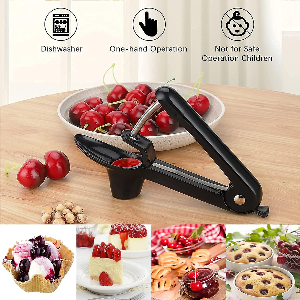 Cherry Pitter - Heavy-Duty Olive and Cherry Pitters Corer Tool with Space-Saving Lock Design, Multi-Function Cherries Stoner Seed Remover Tool for Making Cherry Jam (Black)