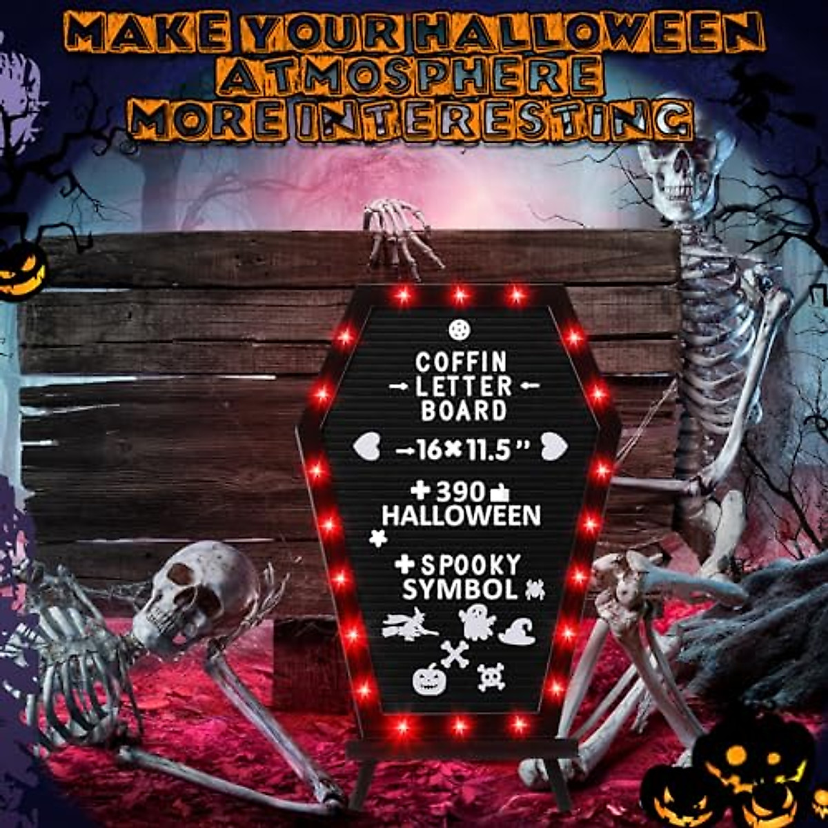 PerKoop LED Coffin Letter Board Gothic Letter Board Lights Up Halloween Felt Letter Board Sign with Spooky Letter Stand Gothic Decor Halloween Movie Night Decoration(Black)