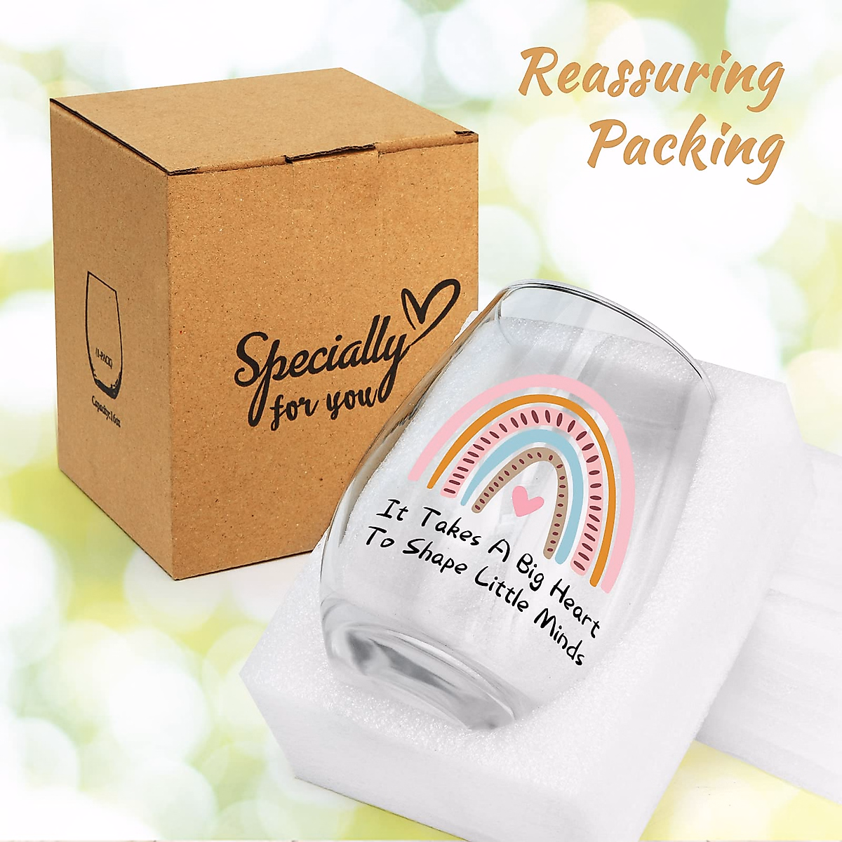 Futtumy Teacher Appreciation Gifts, Teacher Gift Thank You Gift for Teacher Women Her, It Takes a Big Heart to Shape Little Minds Stemless Wine Glass for Appreciation Week, 17Oz Rainbow Wine Glass