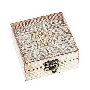 Ella Celebration Wood Ring Box for Wedding Ceremony Rustic Vintage Ring Bearer Box, Unique Engagement Ring Holder Boxes for Marriage, Mr & Mrs Decorative Boho Jewelry Favor Gift (Antique White)