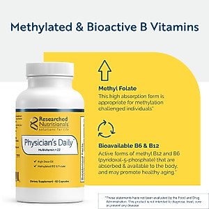 Researched Nutritionals Physician's Daily + D3 Supplement - Daily Multivitamin for Men and Women with Vitamin D3 2000iu, Vitamin B12, Vitamin B6 + Methylated Folate (60 Capsules)