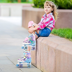 NEMONE Mermaid 4 Size Adjustable Light up Roller Skates for Girls, Blue Purple Skates for Toddlers, Beginner Kids Roller Skates Indoor Outdoor (Blue M)