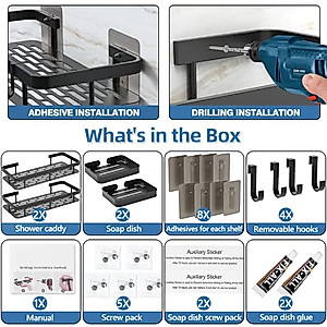 Shower Caddy Shelf LIONONLY 2-Pack Shower Organizer, No Drilling Rustproof Adhesive Bathroom accessories with Soap Holder, Wall Mount Shower Basket for Inside Shower & Kitchen Storage (Matte Black)