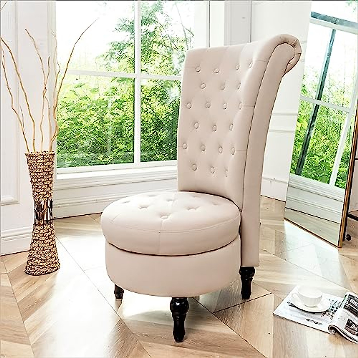 Container Furniture Direct Royal High-Back Velvet Accent Chair for Vanity with Storage and Luxurious Upholstery, Retro Design and Versatile Usage for Living Room, Bedroom, Lounge and Office, Ivory