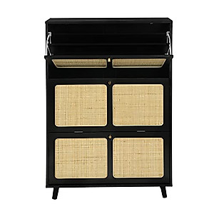 RARZOE Rattan Shoe Cabinet, 24 Pairs Shoe Storage Cabinets with 3 Rattan Decorated Flip Drawers, Freestanding 3 Tier Wood Shoe Racks Organizer for Bedroom Entryway Hallway Corridor, Black
