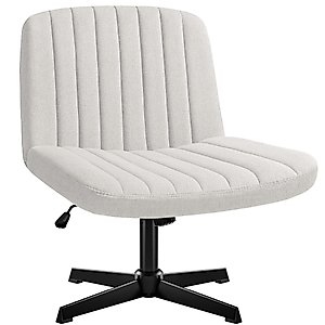 JUMMICO Armless Office Desk Chair No Wheels, Cross Legged Office Chairs Padded Wide Seat, Fabric Modern Adjustable Swivel Accent Chair, Computer Task Vanity Chair for Home Office (Beige)
