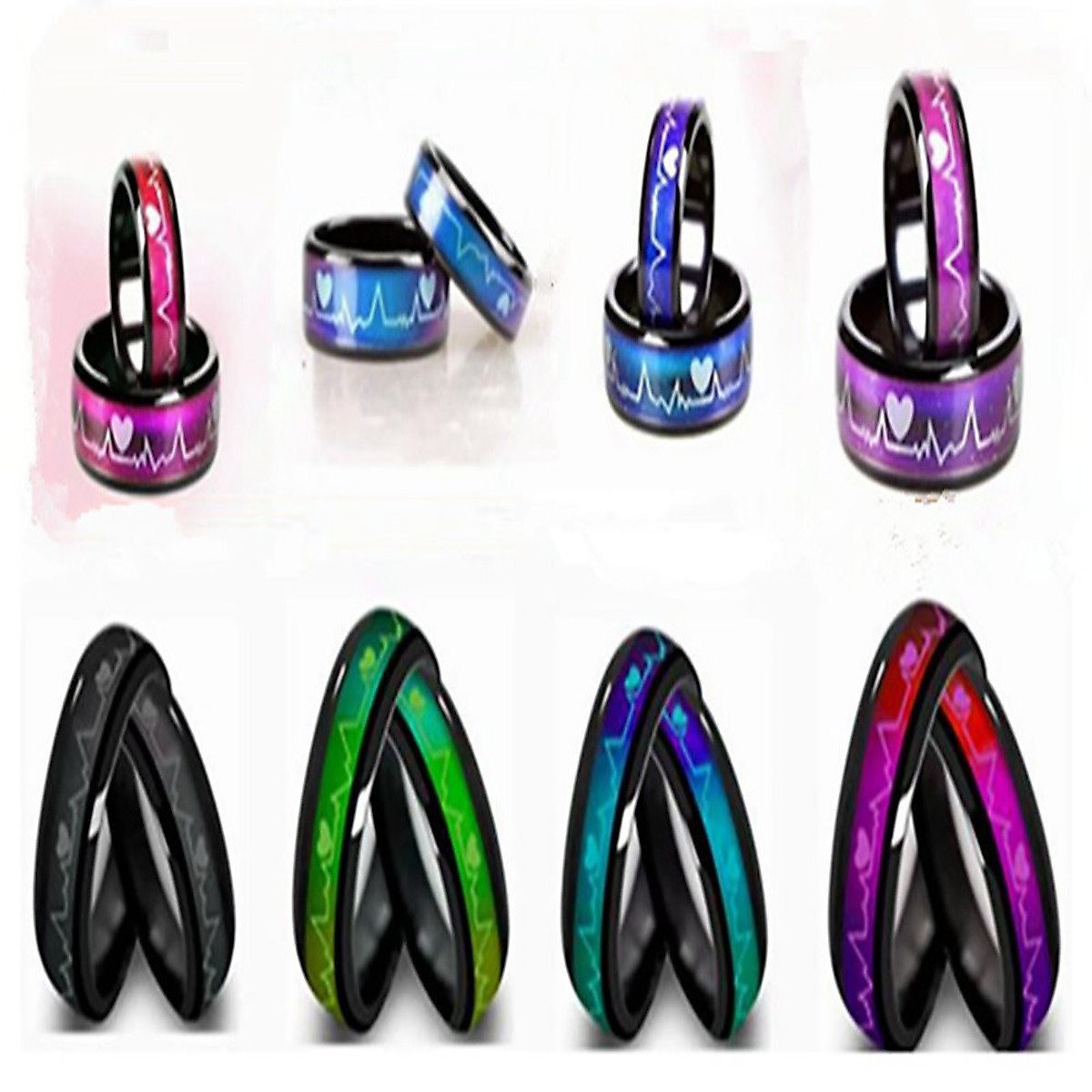 JEYKAY Color Changing Titanium/Stainless Steel Mood Ring, EKG w/Hearts Design, Gift Box Included. (Change Color, 10)