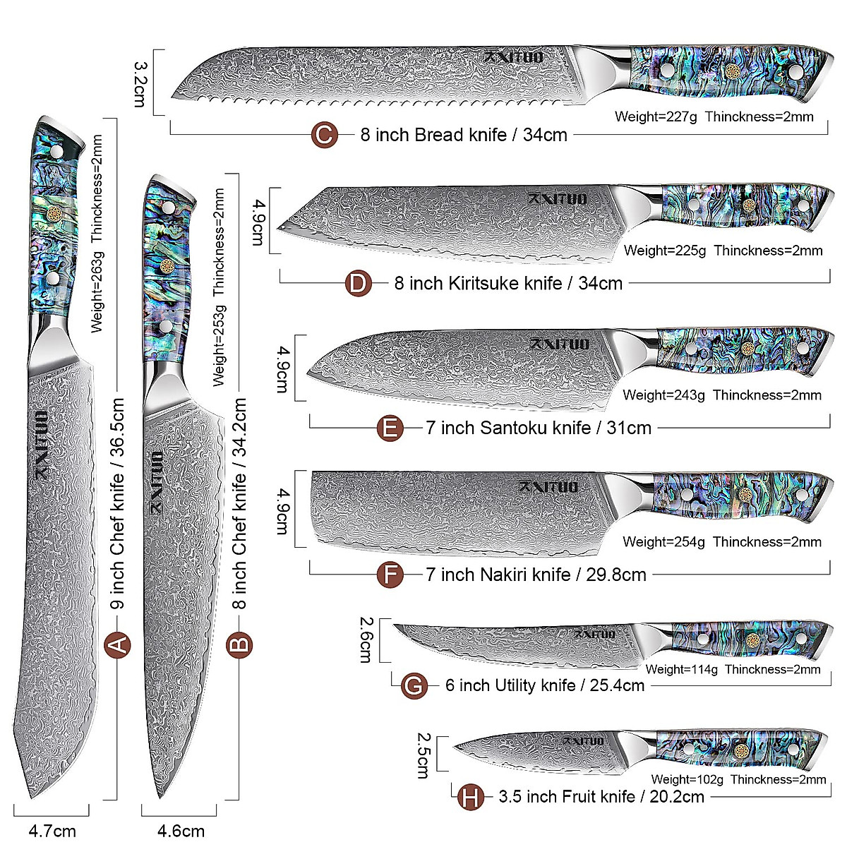 XT XITUO Knife set Knife Professional Kitchen Japanese Knife Set Steel Chef Knife Abalone Shell Handle Santoku Meat Vegetable Cleaver Cut Cutting Vegetable (8PC Chef Knife Set)
