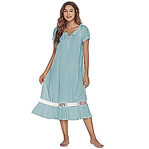 Verdusa Women's Lace Nightdress Short Sleeve Victorian Nightgown Sleepwear Pajama Aqua Blue with Pocket XXL