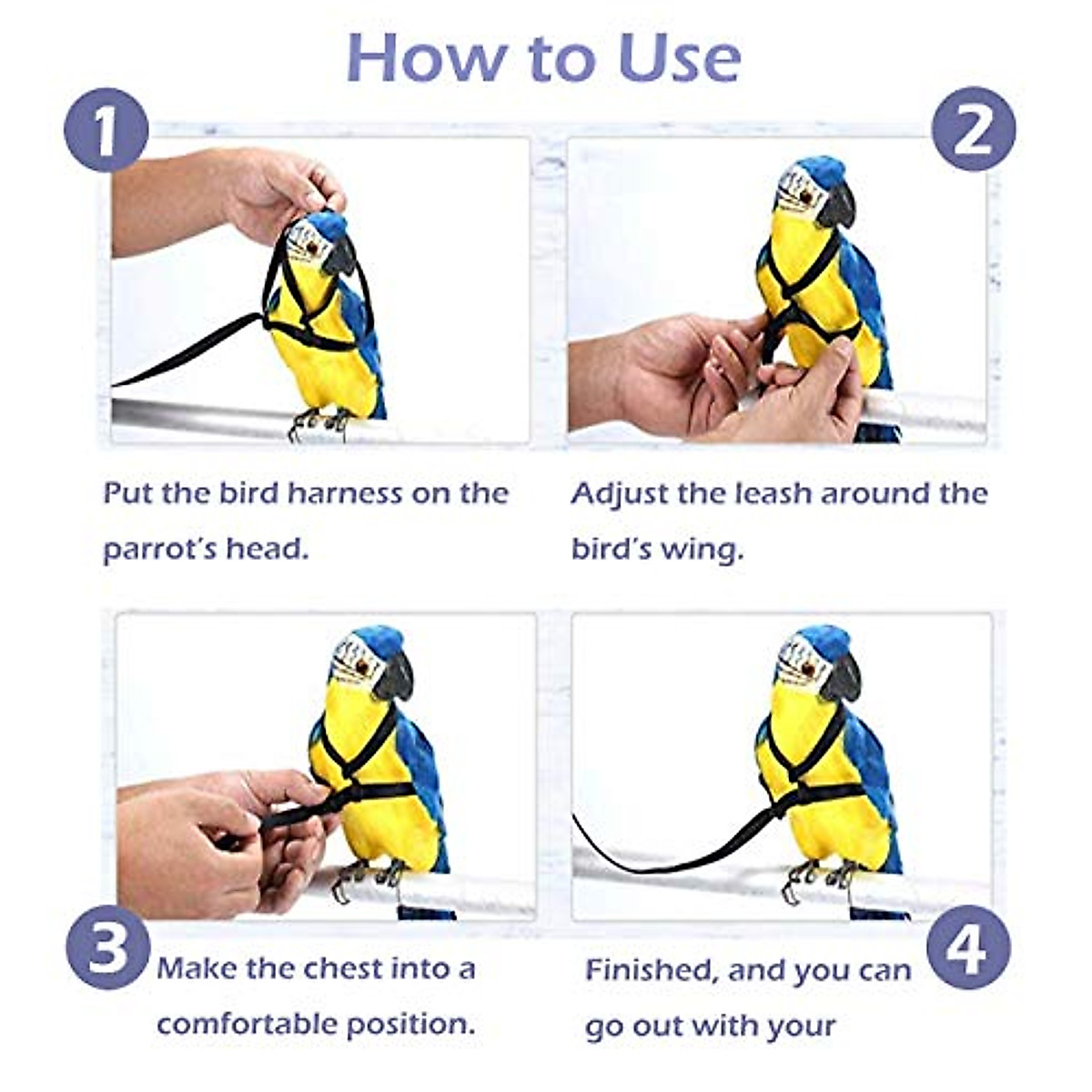 SZSJBK Bird Harness, Adjustable Parrot Nylon Leash with Anti-bite Design for Outdoor Activities Training, Suitable for Eastern Bluebonnet Parrot, Cockatoo, Parakeet, Doves 6.2ft (S)