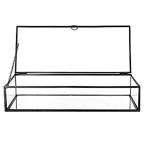 MyGift Glass Jewelry Box, Vintage Style Black Metal & Clear Glass Mirrored Shadow Box Jewelry Display Case with Hinged Top Lid