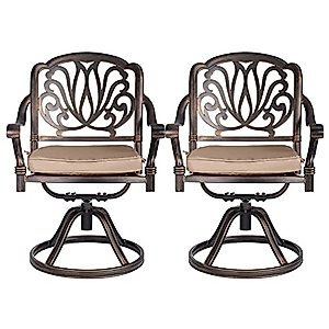 LEISU 2 Piece Cast Aluminum Bistro Dining Chair Outdoor Bistro Chairs with Khaki Cushions for Home Patio Garden Deck (2 Swivel Rocker)