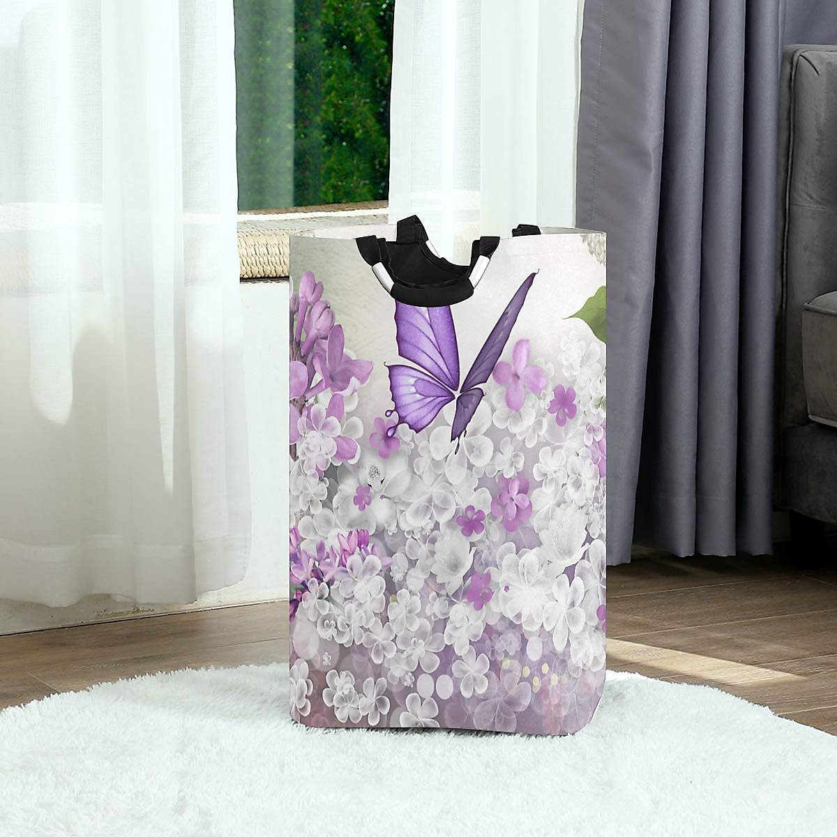 senya Butterflies Flowers Purple Large Storage Basket Collapsible Organizer Bin Laundry Hamper for Nursery Clothes Toys