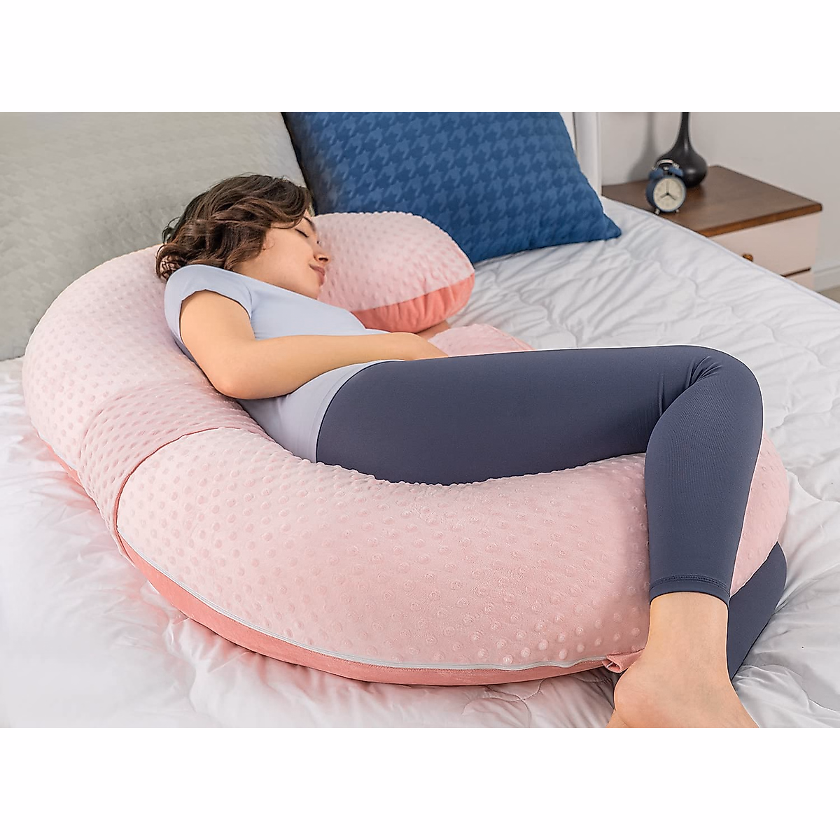QUEEN ROSE E Shaped Pregnancy Pillows for Sleeping, Detachable Body Pillow for Pregnant Side Sleeper, Pink Bubble Velvet, 60in