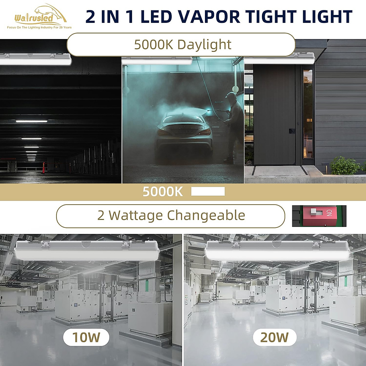 2FT LED Vapor Tight Light, IP65 IK08, 10W(1250lm)/20W(2500lm) Selectable, 5000K, 100-277V, Outdoor Waterproof Shop Light, Vapor Proof Lighting Fixture for Carport Parking Garage Car Wash, FCC Listed