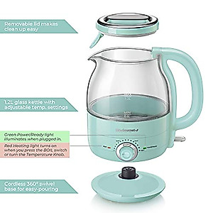 Elite Gourmet EKT1220M 1.2L Electric BPA-Free Glass Kettle, Temperature Dial, Keep Warm Function, Cordless 360° Base, Blue LED Interior, Auto Shut-Off Function – Quick Boil, Mint