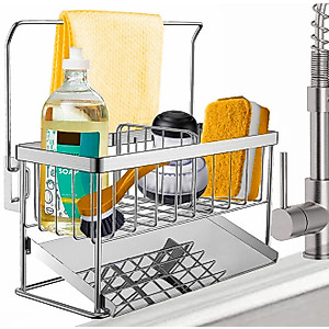 iBigLY Sponge Holder Kitchen Sink Caddy Organizer, 304 Stainless Steel Kitchen Soap Dispenser Caddy Organizer with Auto Drain Tray, Sink Rack for Kitchen & Bathroom Holding Sponge and Towel (Silver)