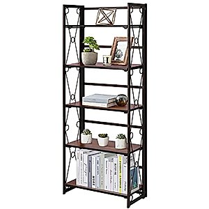 VECELO Bookshelf, 5 Shelf Folding Bookcase No Assembly, Industrial Metal Standing Shelves Organizer for Living Room, Bedroom and Office, Teakwood Brown