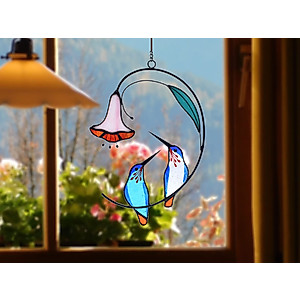 Lolitarcrafts Hummingbird with Flower Stained Glass Suncatcher Bird Stained Glass Window Hangings Hummingbird Gift for Home Decor (Blue 1 Pair)