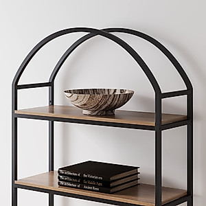 Nathan James Haven Etagere Bookshelf, 5-Shelf Bookcase in Oak Wood and Black Metal Frame with Arch Top and Open Shelves, Oak/Black