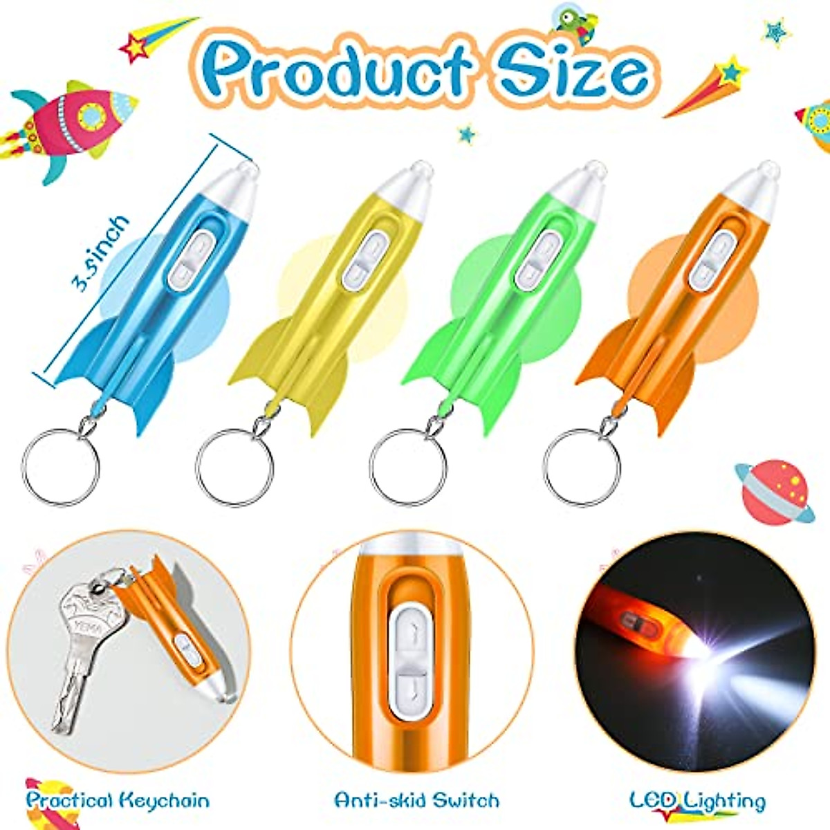 Hortsun Helicopter Mini Rocket Flashlight Keychain Outer Space Party Favors Bulk LED Flashlight Helicopter Key Ring Students Gift Birthday Party Favors(24 Pcs,Rocket)