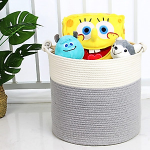 Casaphoria Woven Cotton Rope Basket with Handle for Bedroom,Round Storage Basket for Bathroom,Large Blanket Basket for Living Room,Tall Laundry Hamper Woven for Laundry,Light Gray