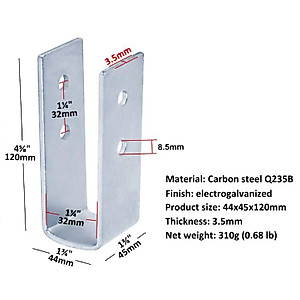 4 Pcs 4 Hole Long U-Shape Bracket, 1-1/4" Inner Wide, 4-5/8" High, Carbon Steel U-Channel Fasteners 3.5mm Thickness