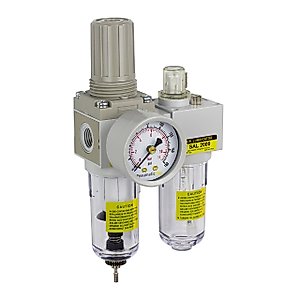 PneumaticPlus SAU2010M-N02G Mini Two-Unit Compressed Air Filter Regulator Lubricator Piggyback Combo 1/4" NPT - Poly Bowl, Manual Drain, Gauge
